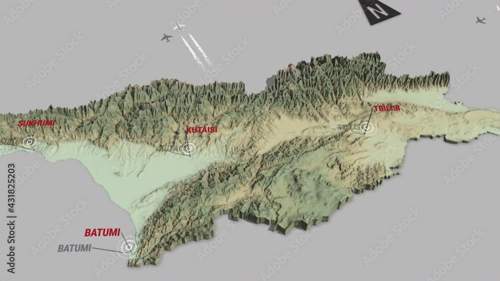 Seamless looping animation of the 3d terrain map of Georgia with the ...
