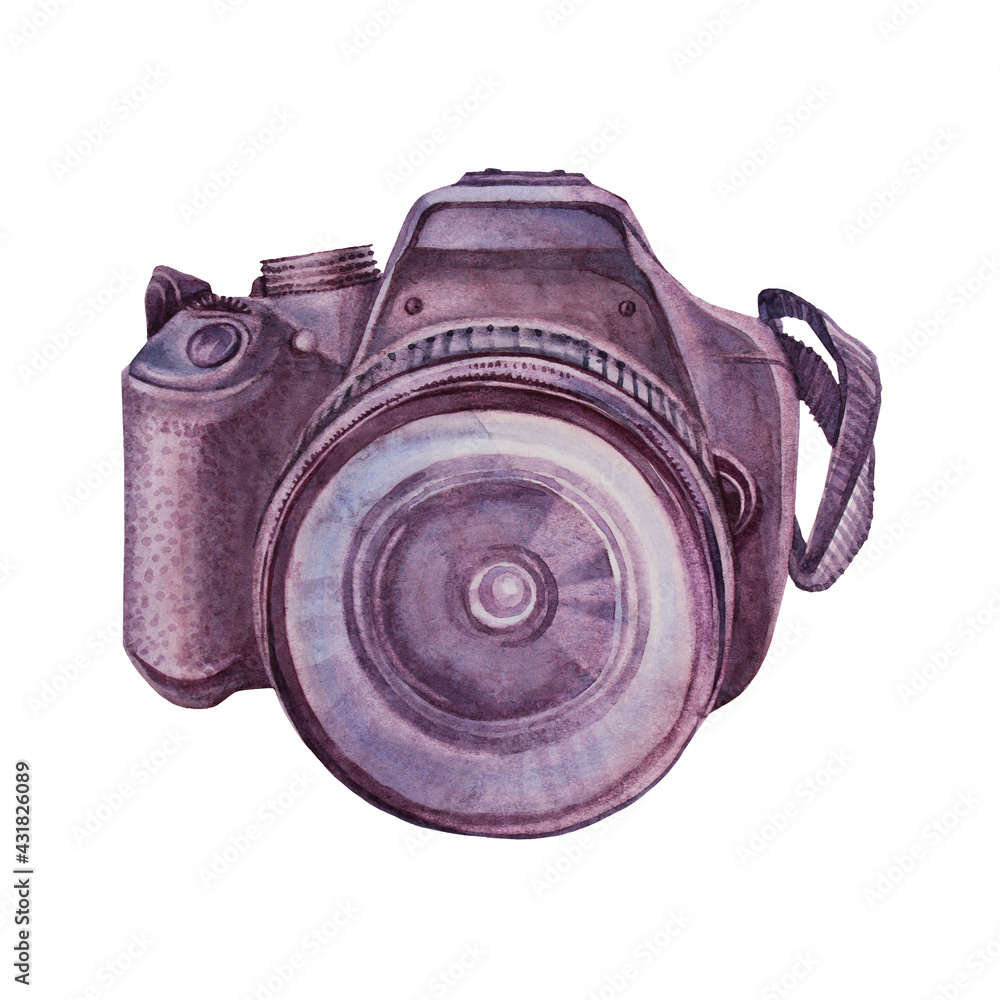 Watercolor black purple camera isolated on white background ...