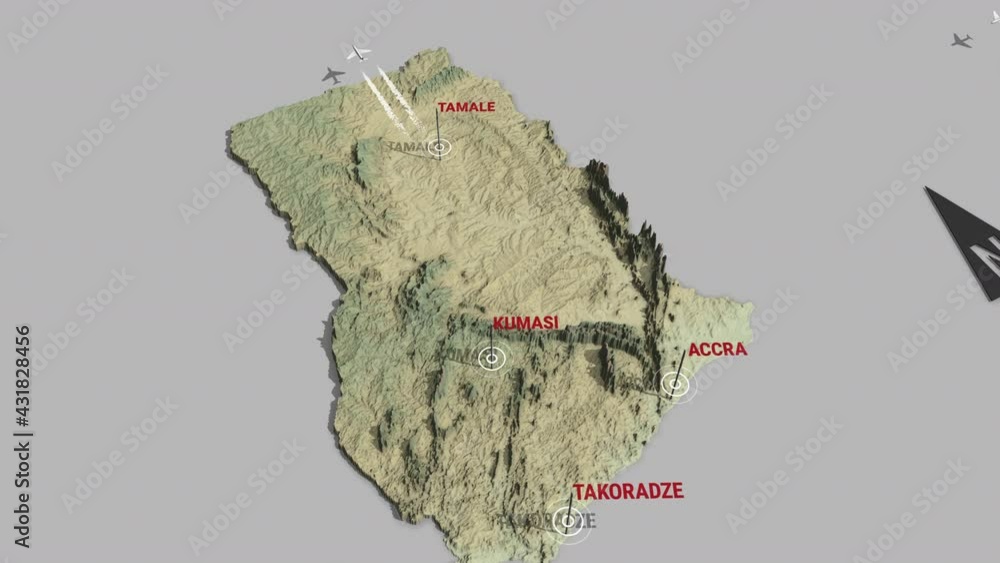 Seamless looping animation of the 3d terrain map of Ghana with the ...