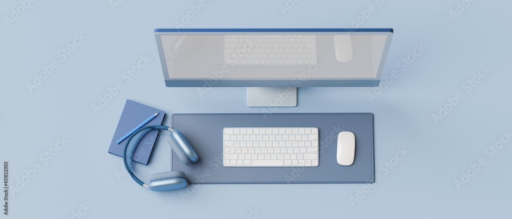 Top view, 3D rendering, pastel blue computer device with accessories ...