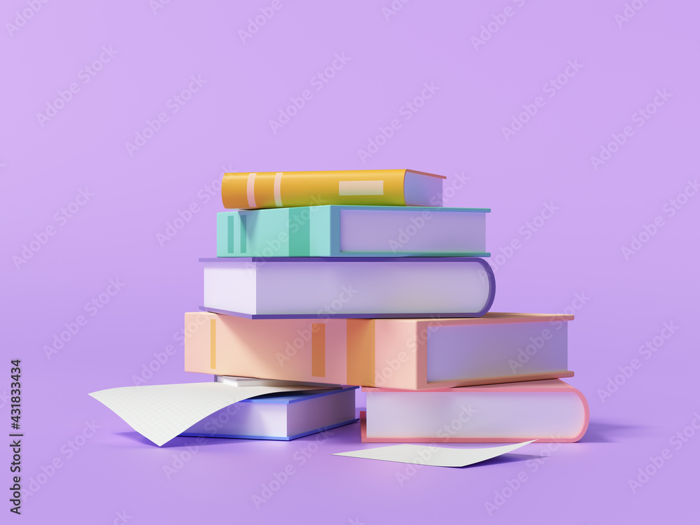 3d render stack of books and paper on purple background Stock ...