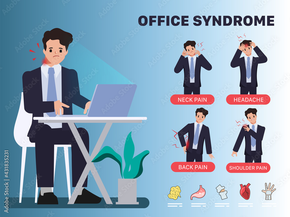 Office syndrome infographic with businessman pain symptoms. Stock ...