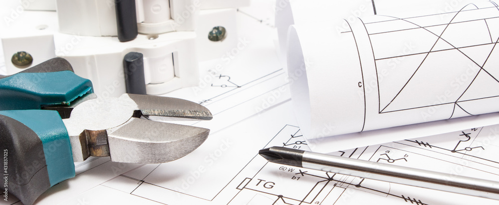 Work tools, electric fuse and diagrams of plan with electrical ...