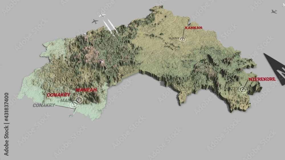 Seamless looping animation of the 3d terrain map of Guinea with the ...