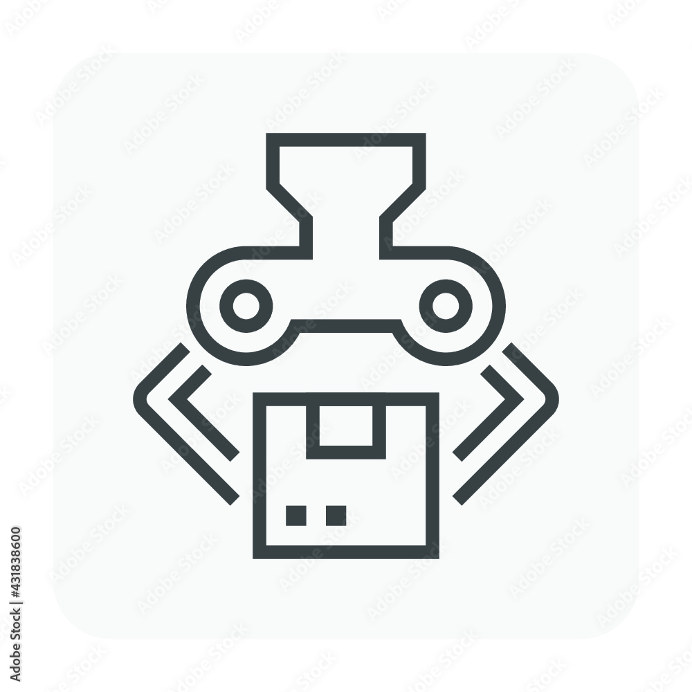 Robot hand, arm grabbing cardboard box packaging vector icon ...
