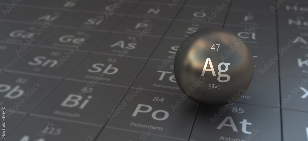 silver element in spherical form. 3d illustration on the periodic table ...