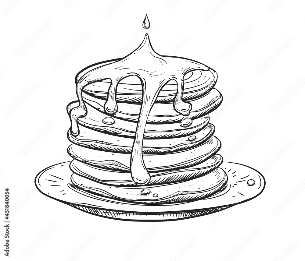 Hand drawn sketch black and white of pancake. Vector illustration ...