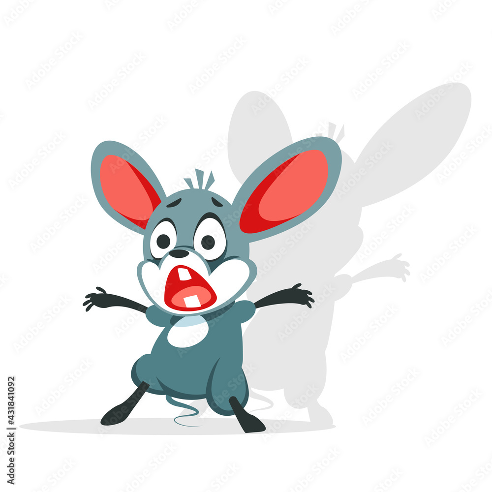 The cartoon mouse is terrified. The little rat shuddered and screamed ...