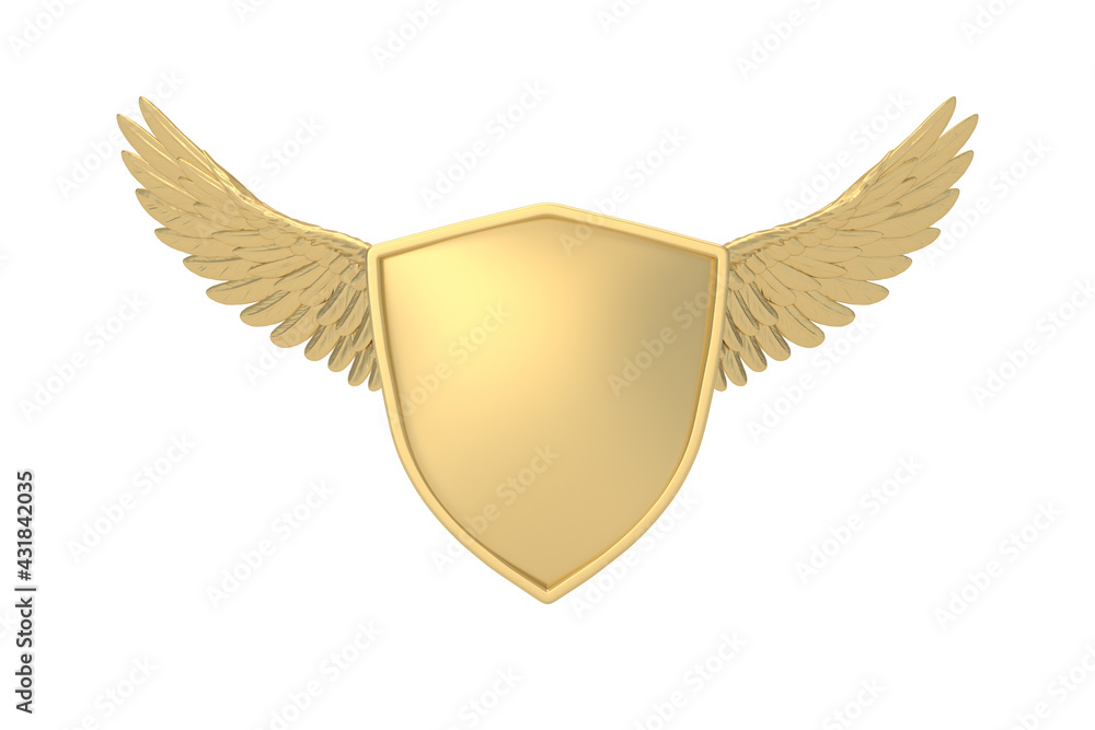 Gold wings with shield isolated on white background. 3D illustration ...