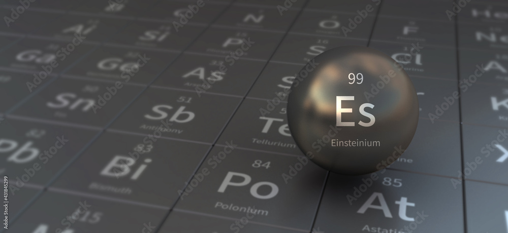 einsteinium element in spherical form. 3d illustration on the periodic ...