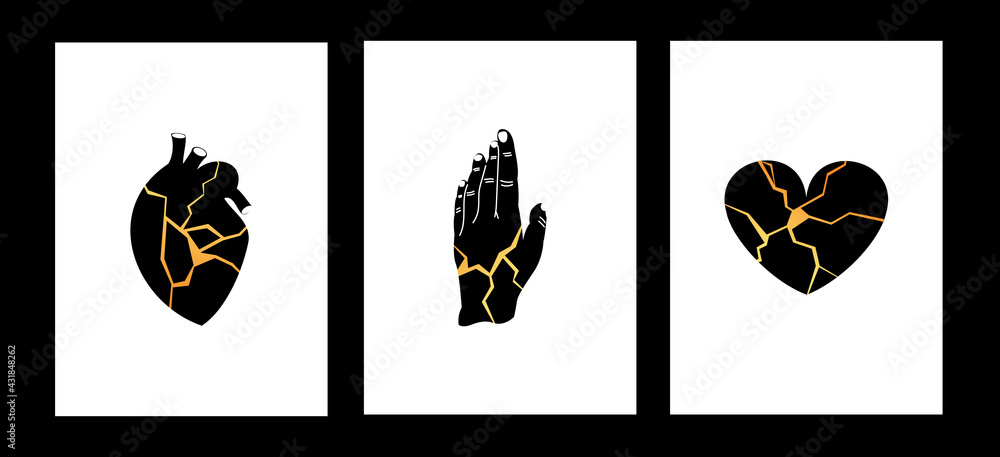 Vettoriale Stock Kintsugi gold pattern poster set. Modern wall art ...