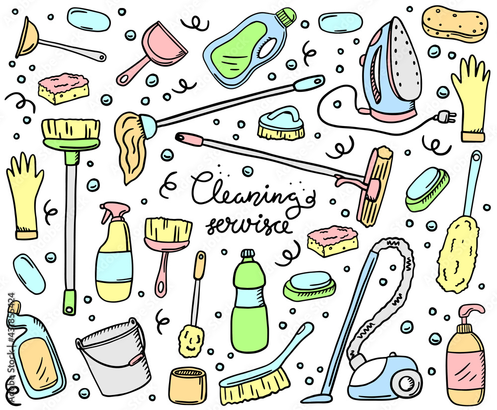 A set of cleaning products. Iron, vacuum cleaner, soap, mop. Cleaning ...