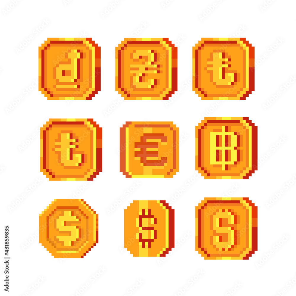 Сurrency signs gold coin of different countries. World gold money pixel ...