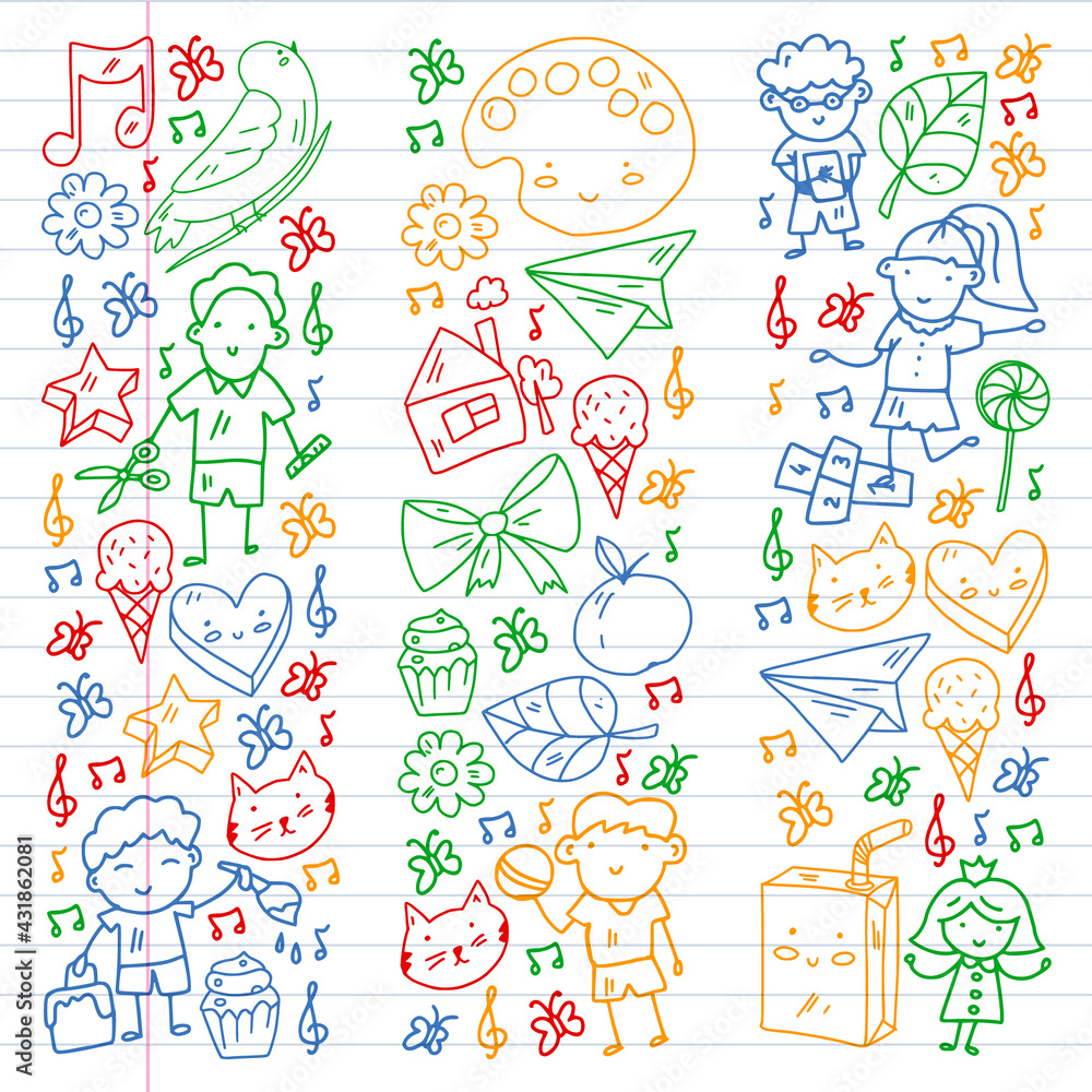 Cartoon icons with education items. Online lesson. E-learning. Stock ...