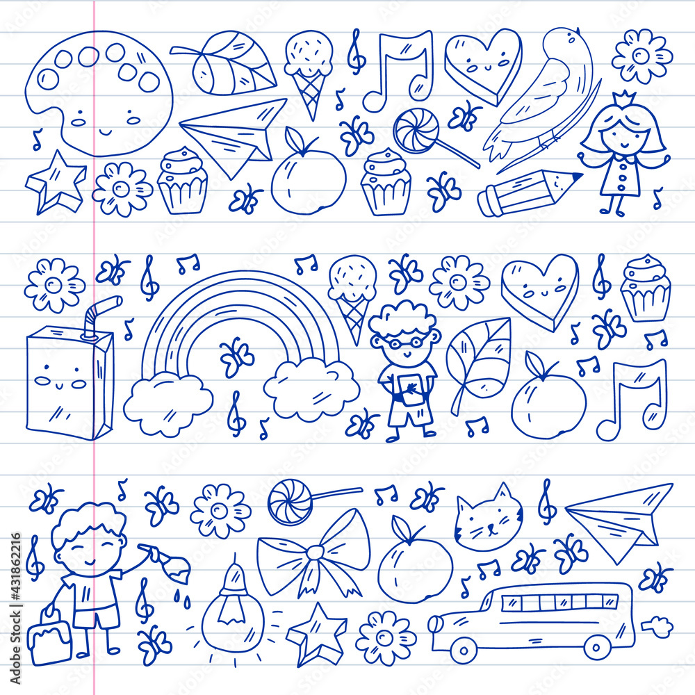 Cartoon icons with education items. Online lesson. E-learning. Stock ...