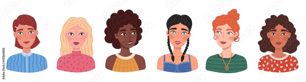 Collection of portraits of cute young stylish women. Set of smiling ...