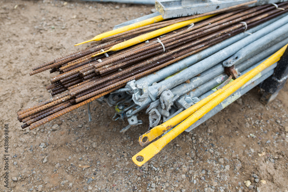 Details of scaffolding with reinforcement rods before installation on ...