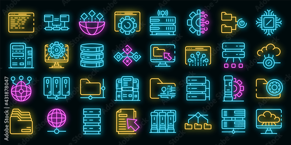 Data center icons set. Outline set of data center vector icons ...