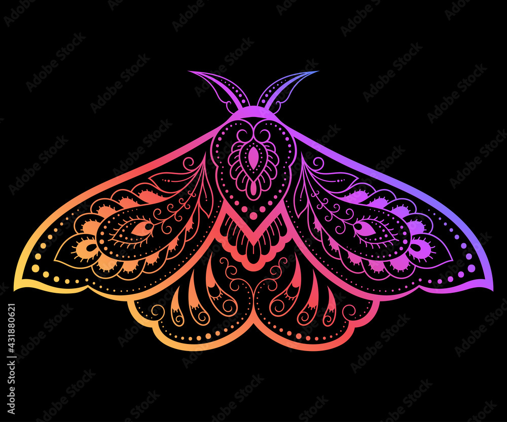 Moth decorated with Indian ethnic floral vintage pattern. Hand drawn ...