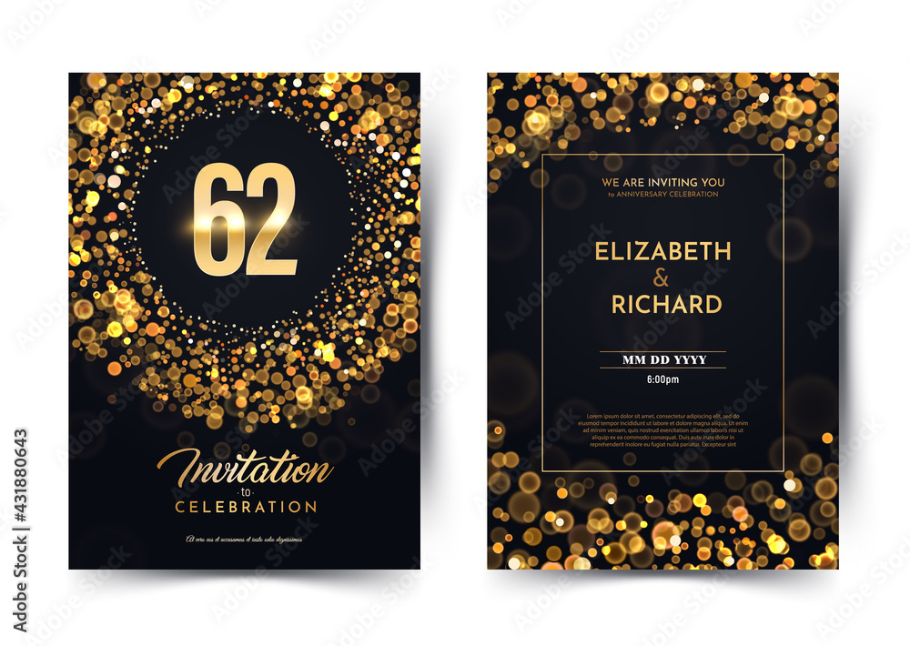 62nd years birthday vector black paper luxury invitation double card ...