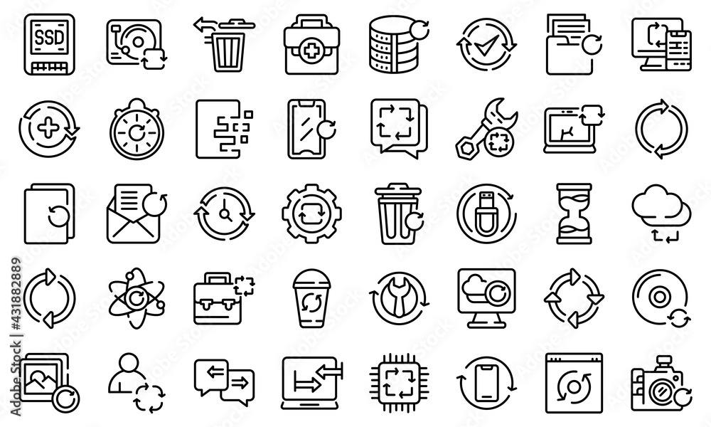 Regeneration icons set. Outline set of regeneration vector icons for ...