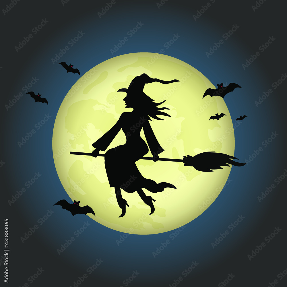 Vector illustration Halloween day. The witch riding a broom through the ...