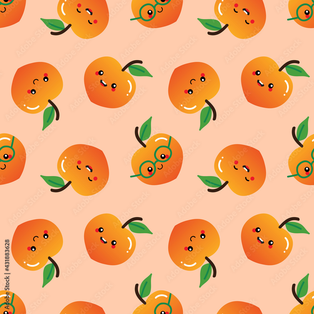 Cute and smiling cartoon style peach fruit characters vector seamless ...