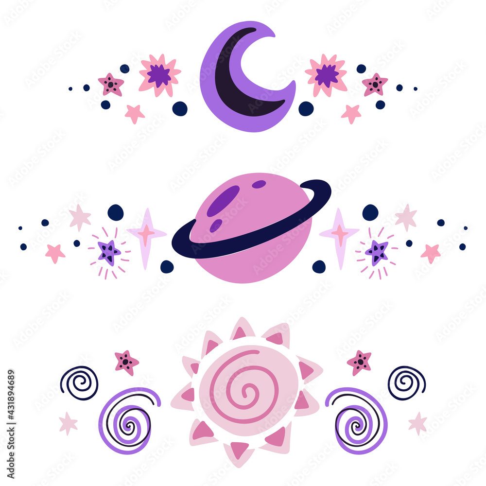 Set of spacers with stars, sun, crescent and planet. Vector space ...