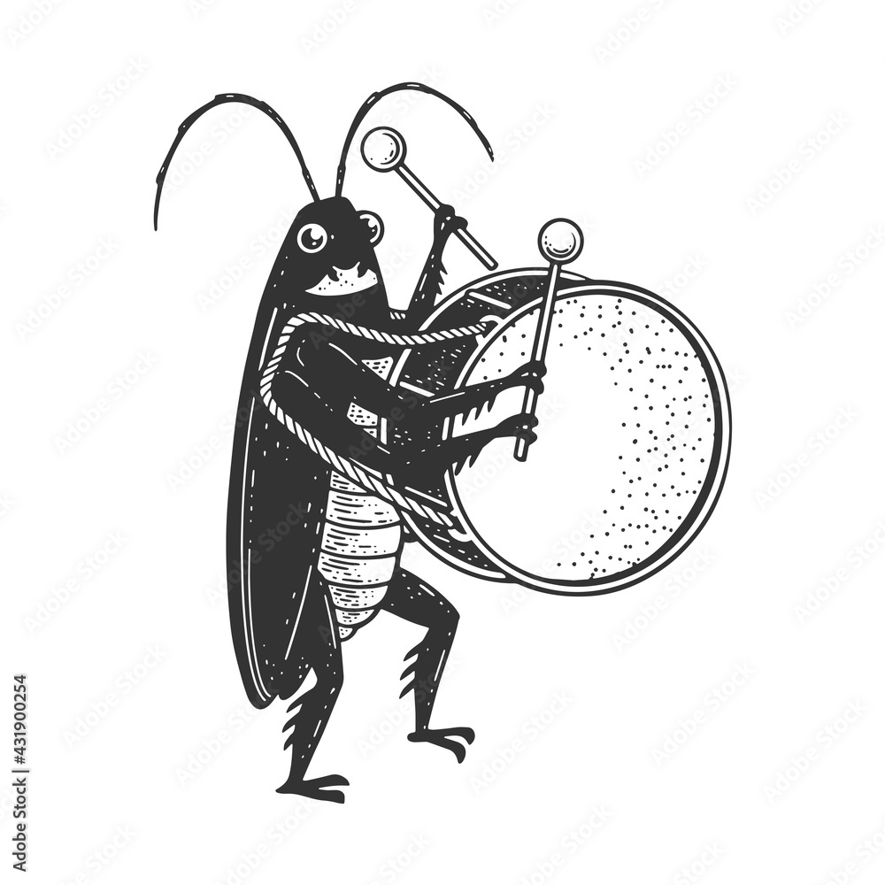 Cartoon cockroach orchestra playing the large drum sketch engraving ...