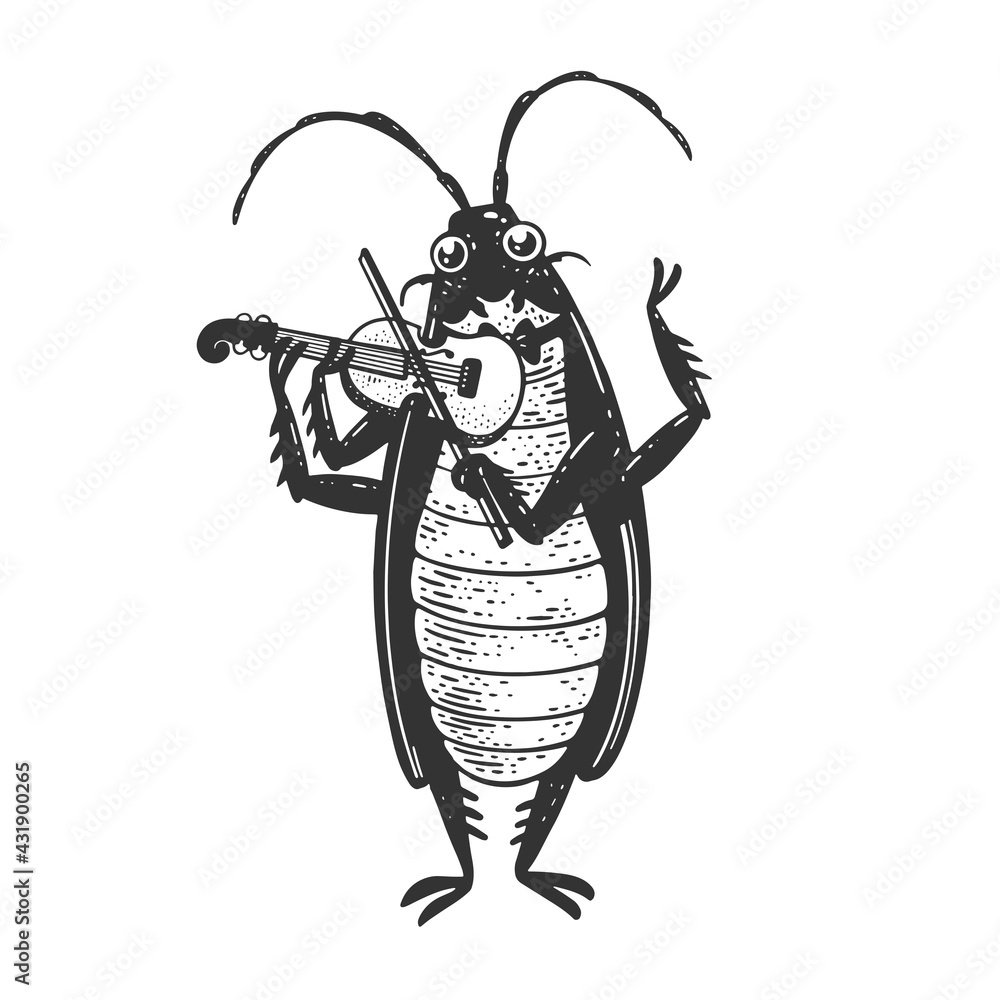 Cartoon cockroach orchestra playing the violin sketch engraving vector ...