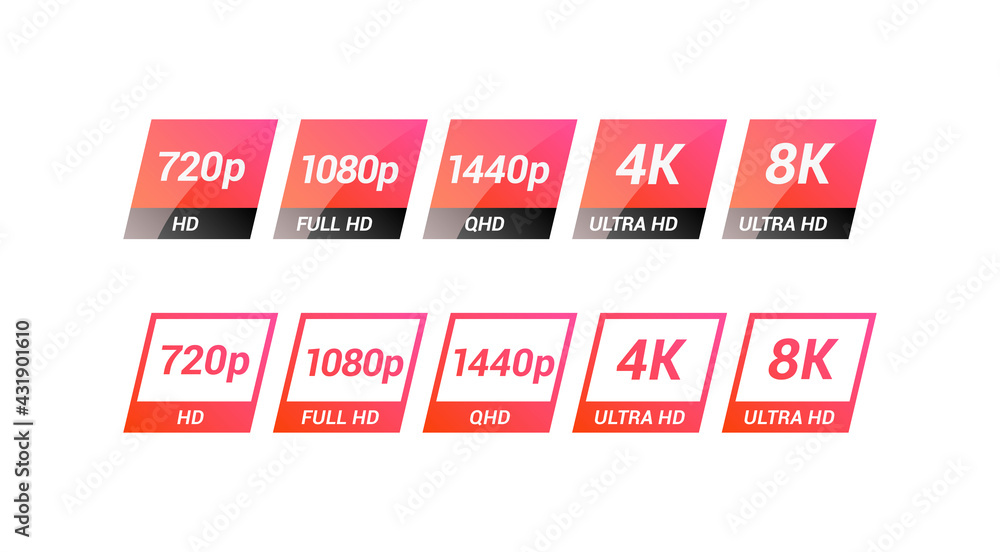 High Definition, Full HD, Quad HD 4K and 8K Monitor Display Label Set ...