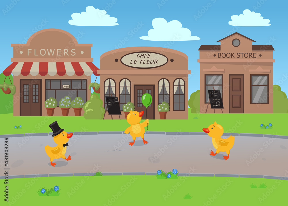 Cartoon illustration of chicks with retro stores in background. Cute ...