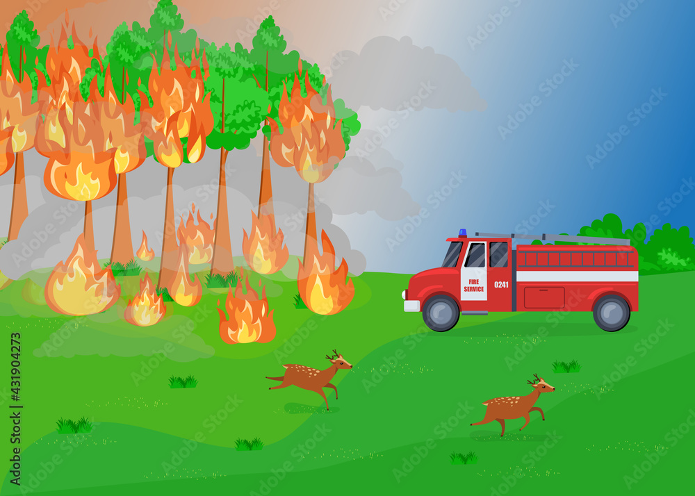 Cartoon fire service and forest fire illustration. Trees burning ...