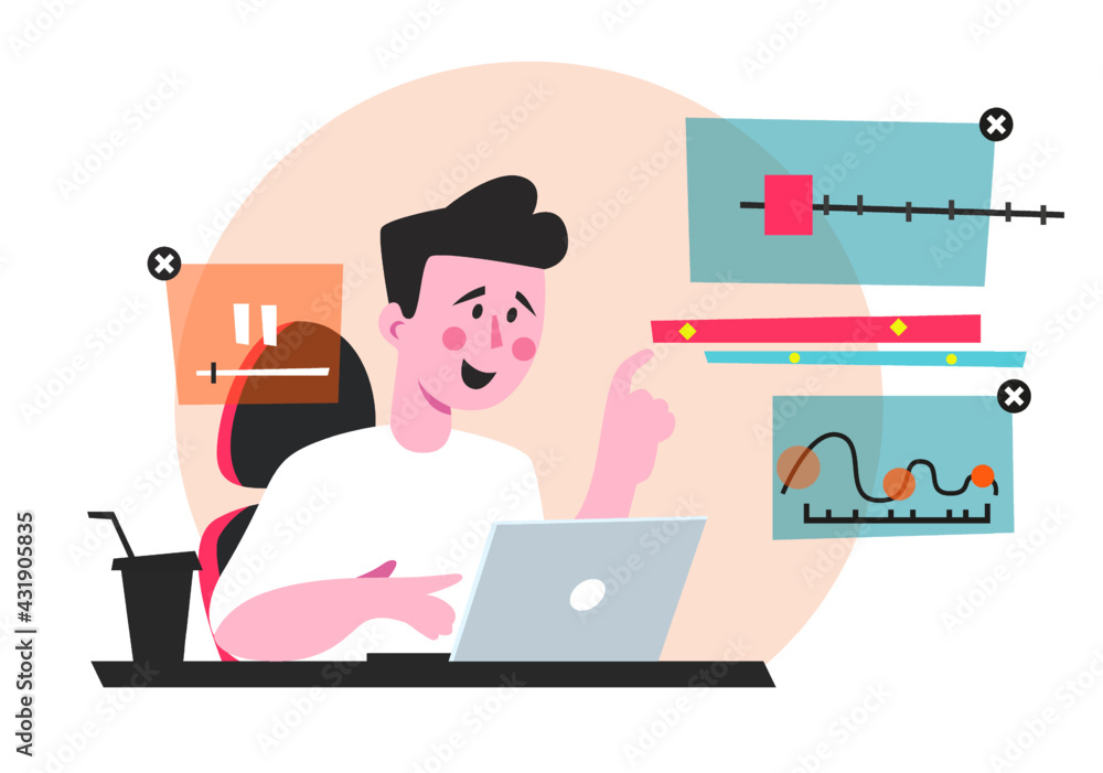 Animator designer in creative process vector illustration. Man sitting ...