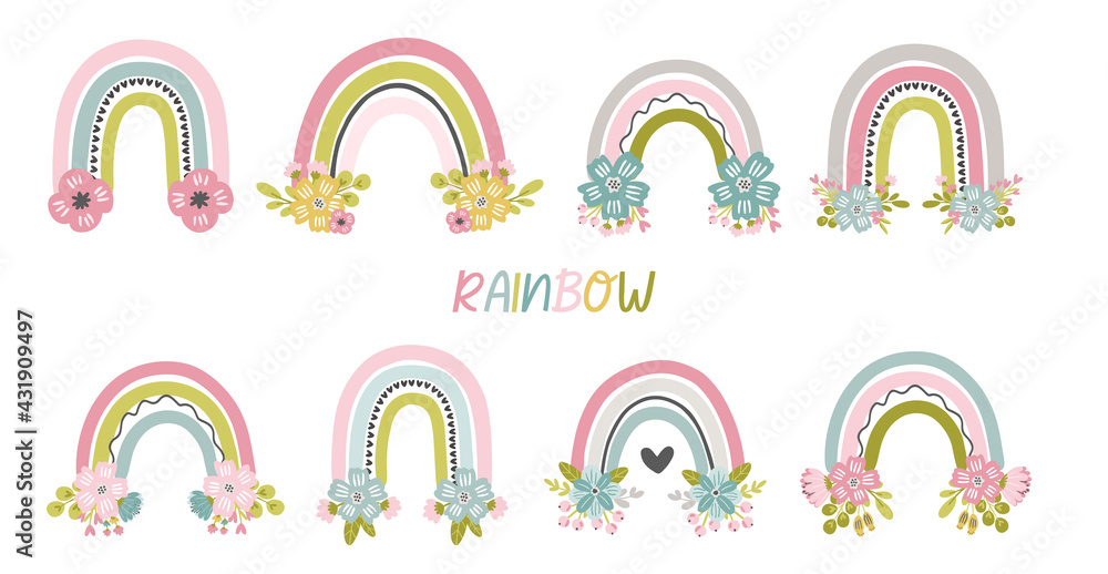 Set of whimsical clipart flower rainbows. Modern baby rainbow with ...