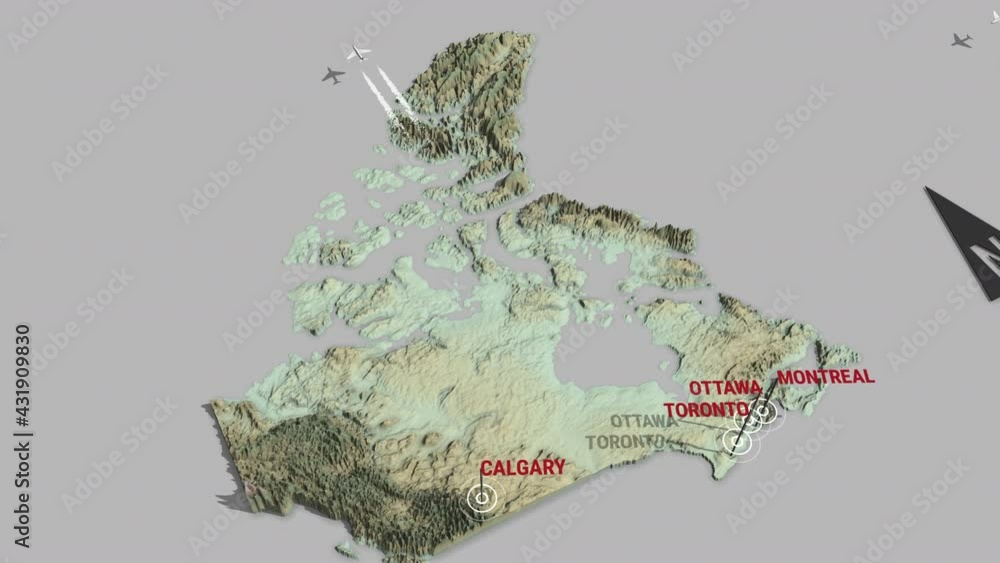 Seamless looping animation of the 3d terrain map of Canada with the ...