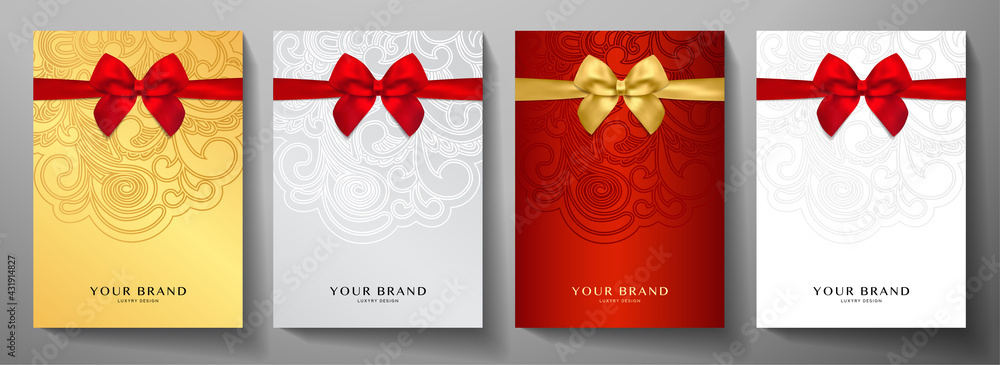 Holiday cover design set. Luxury silver, gold background with red ...