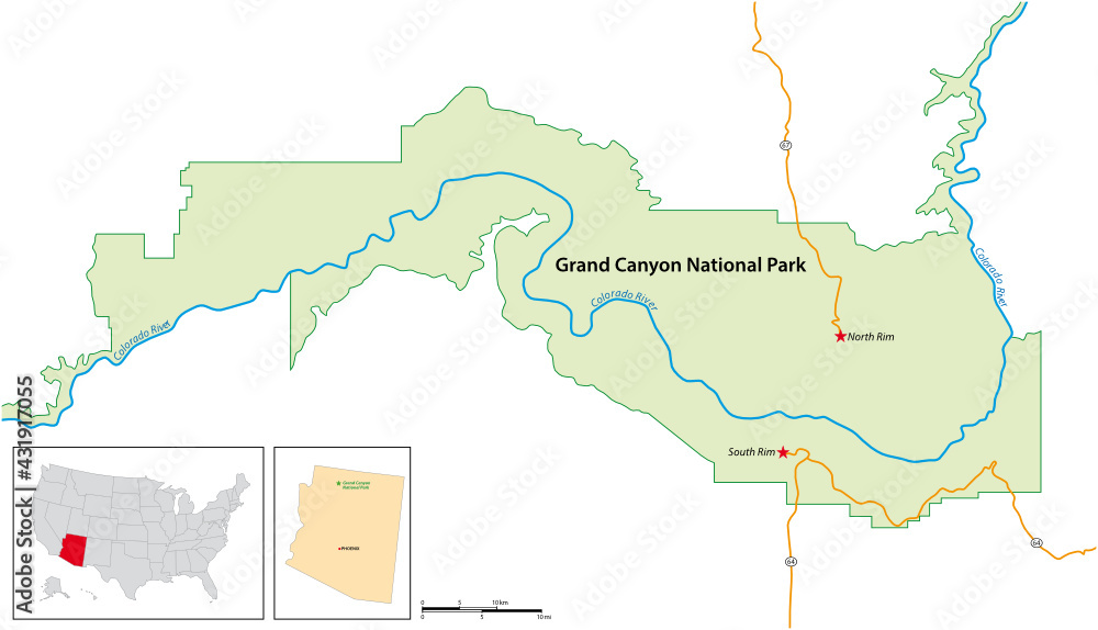 simple overview map of Grand Canyon National Park, Arizona, USA Stock ...
