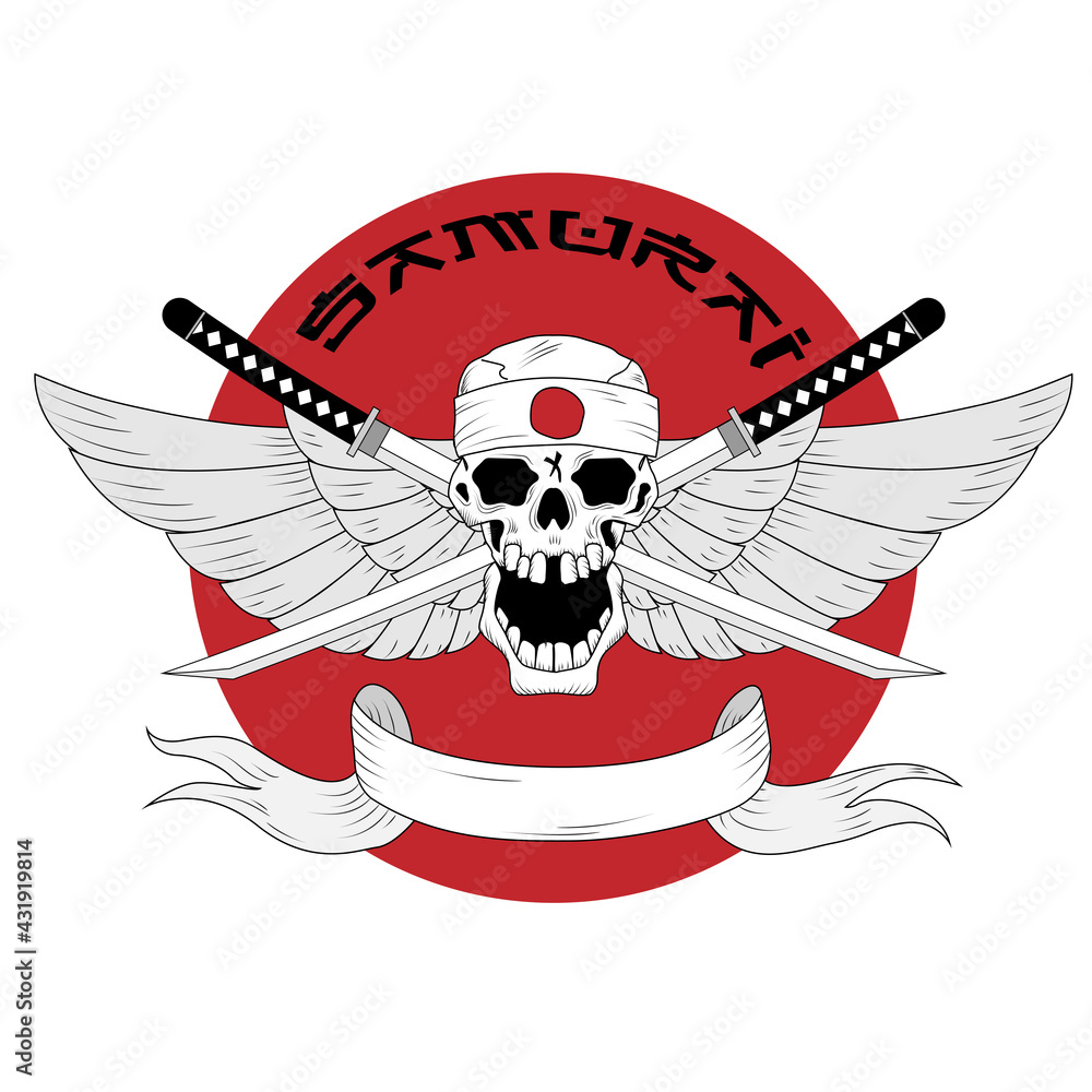 Samurai warrior skull with traditional japanese sword katana and wings ...