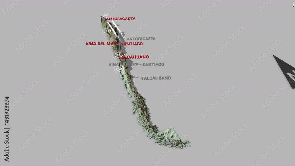 Seamless looping animation of the 3d terrain map of Chile with the ...