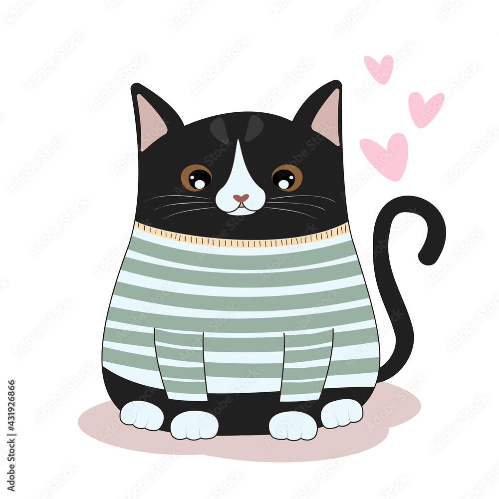 Cute cartoon black cat in clothes. Vector illustration. Stock Vector ...