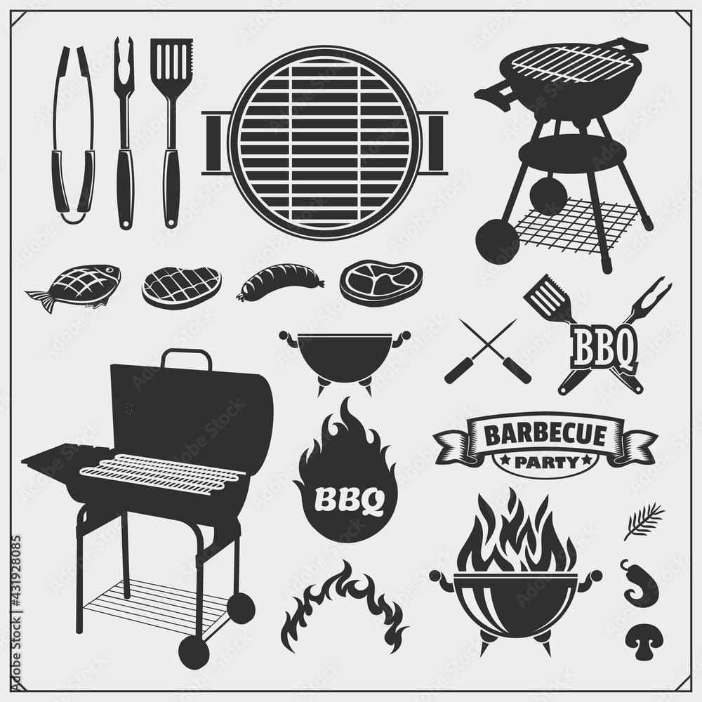 BBQ and grill emblems set. Barbecue labels, badges and design elements ...