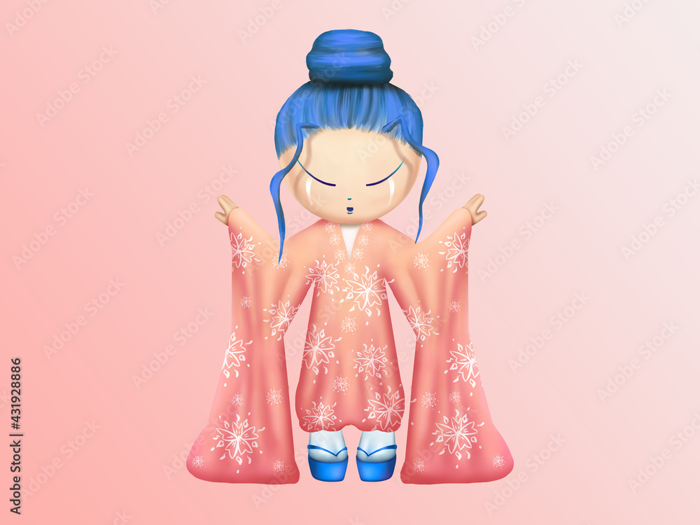 Girl Doll, beautiful mysterious . Figure. Cute 3D doll. Pink yukata ...