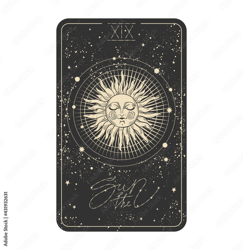 Vetor de The sun Tarot card icon, sun with a face on a black cosmic ...