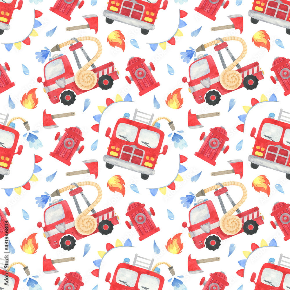 Seamless Pattern Fire Department and Fire truck watercolor. Fire ...