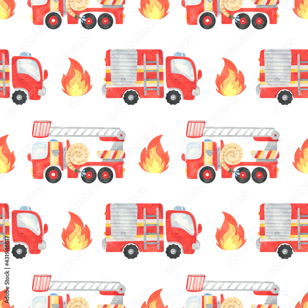 Seamless Pattern Fire Department and Fire truck watercolor. Fire ...