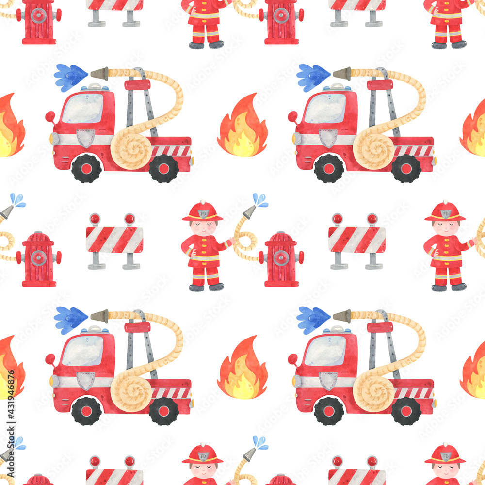 Seamless Pattern Fire Department and Fire truck watercolor. Fire ...