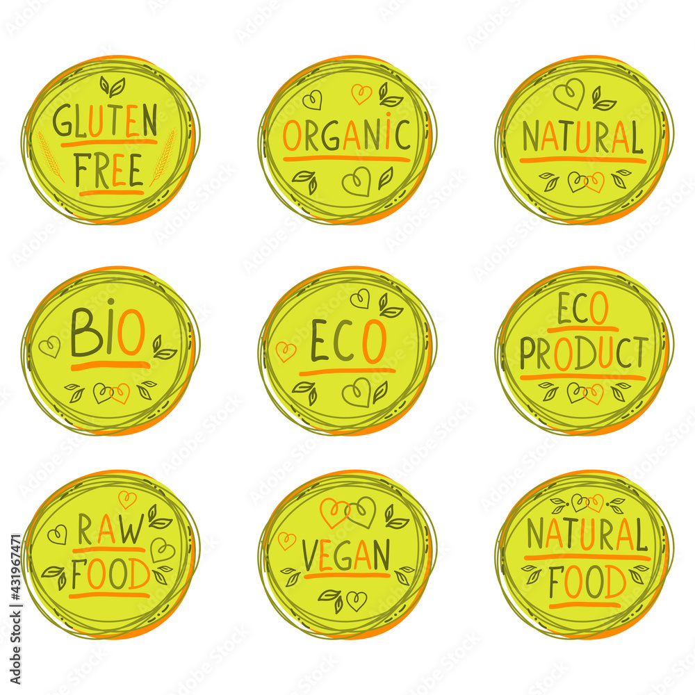 Organic, bio, eco, vegan, raw, natural food, gluten free logo or label ...