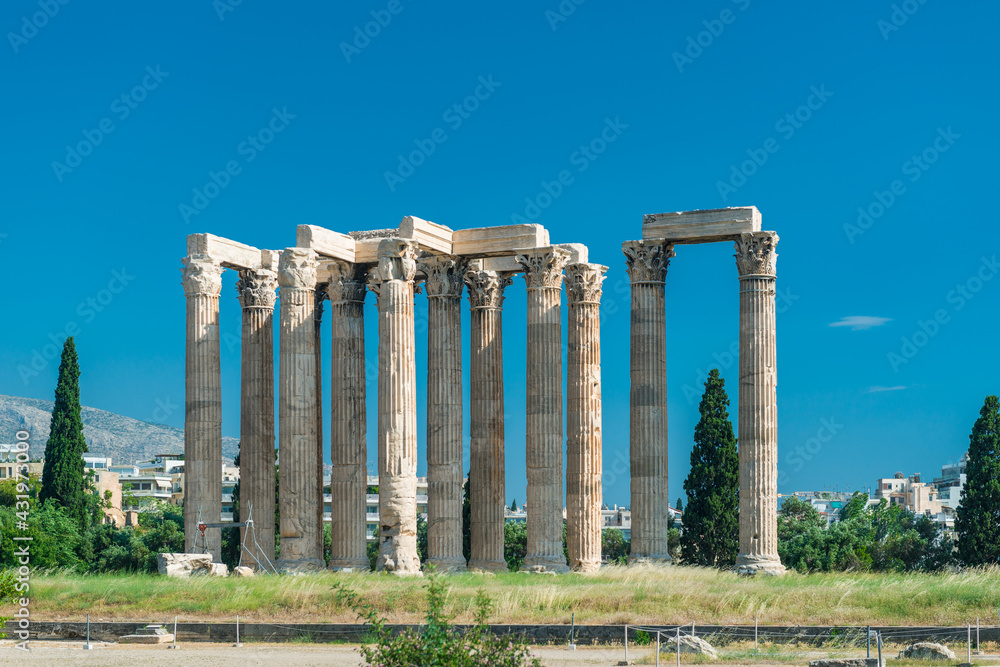 Greek Olympian Zeus temple, landscape with ancient ruins in Athens ...