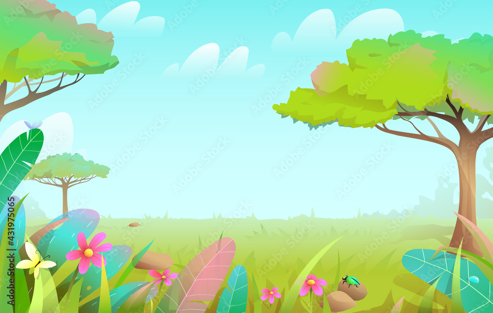 Savanna Wild nature fairy tale forest with trees and grass lawn, summer ...